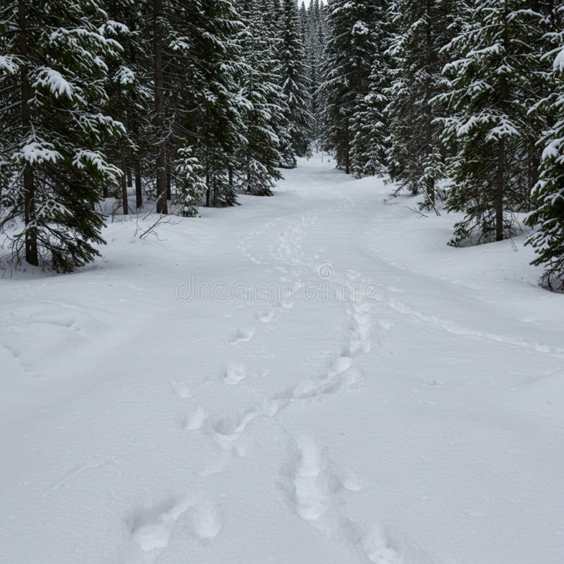 A Snow-covered Path Winds through a Dense Forest of Tall Evergreen ...