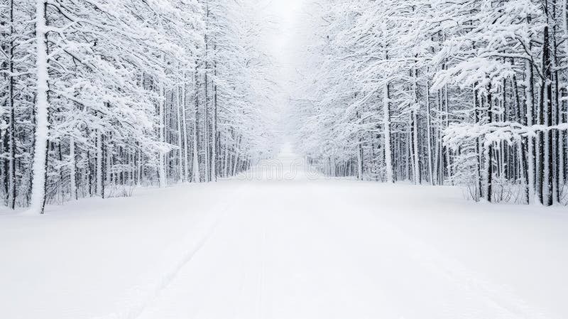 Snow Covered Path Winds Dense Forest Tall Laden Trees Stock Photos ...