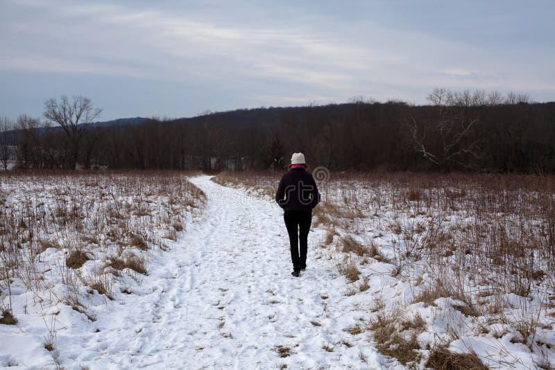 Snow Covered Path with Woman Walking Stock Photo - Image of snow, medow ...