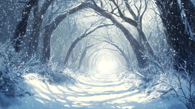 A Snow-covered Pathway Dense Forest, the Trees Arching and Creating a ...