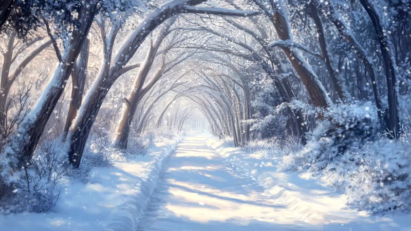 A Snow-covered Pathway Dense Forest, the Trees Arching and Creating a ...