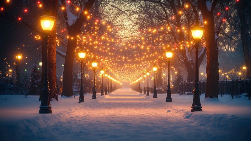 A Snow-covered Pathway Illuminated by Festive Lights in a Serene Winter ...