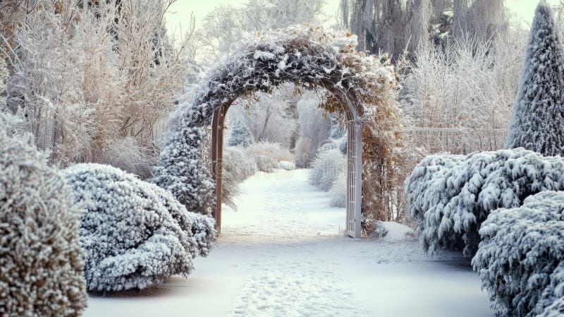 Snow-Covered Pathway Leading through a Snowy Winter Garden with an ...