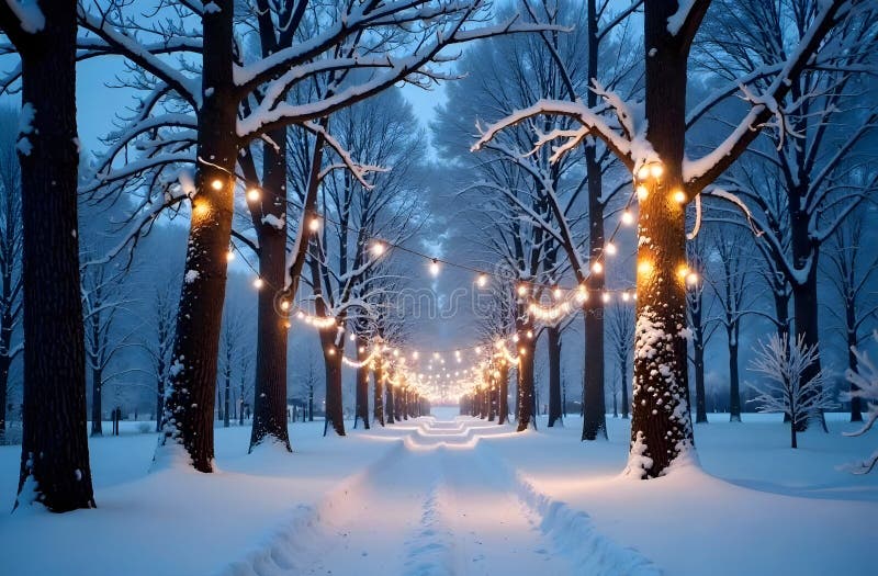 Snow-covered Pathway Lined with Glowing String Lights between Winter ...