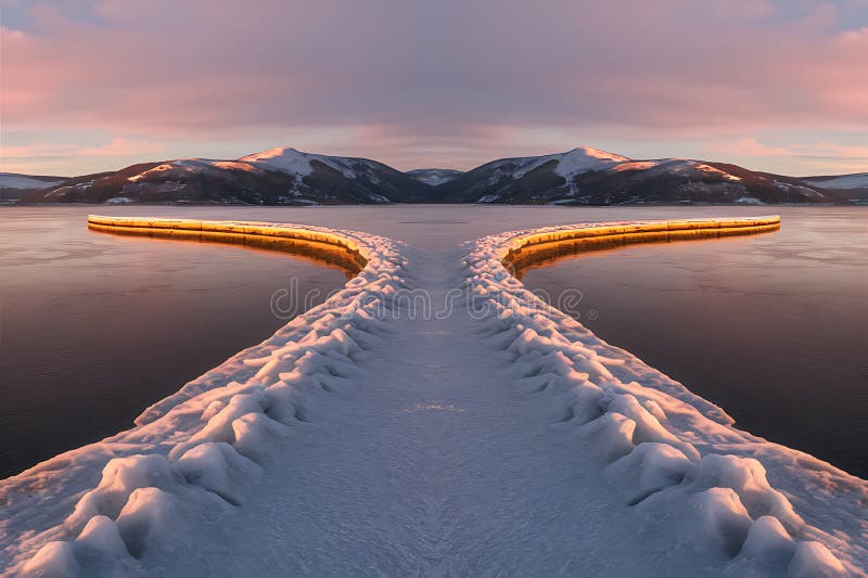 Snow-Covered Pathway Over a Water Surface Stock Illustration ...