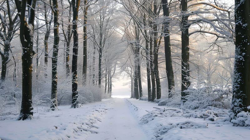 Snow-covered Pathway through a Tranquil Forest in Winter Stock ...