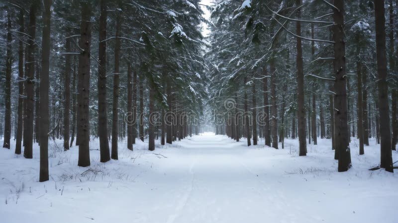 Snow Covered Pathway through Winter Forest Landscape with Bare Trees ...