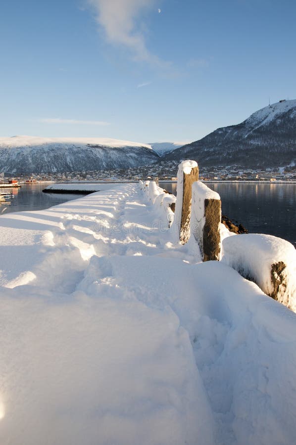 Snow Covered Pier in Tromso, Norway Stock Image - Image of pond, place ...