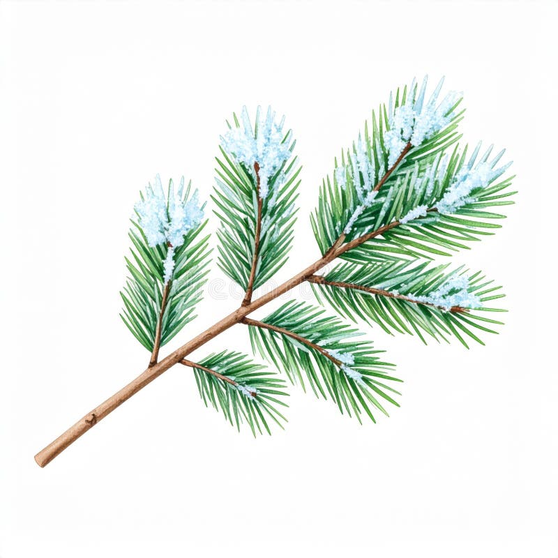 Snow Covered Pine Branch Watercolor Illustration Stock Illustration ...