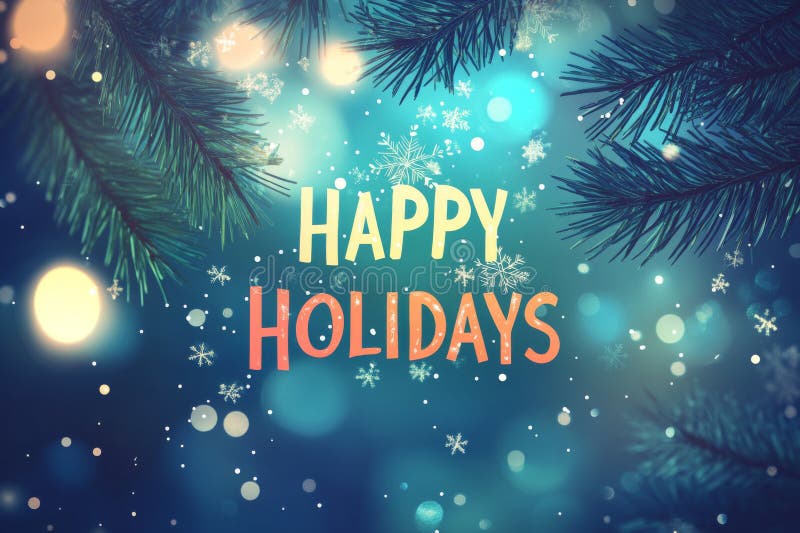 Snow-covered Pine Branches and Bright Holiday Lights with Happy ...