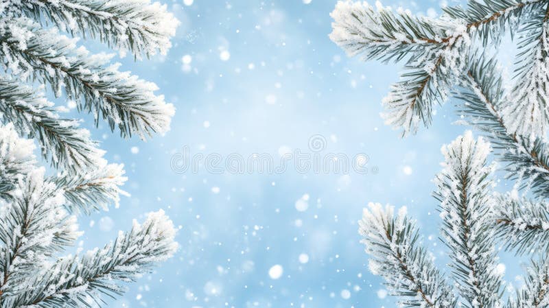 Snow-covered Pine Branches Frame a Gentle Winter Blue Backdrop Stock ...