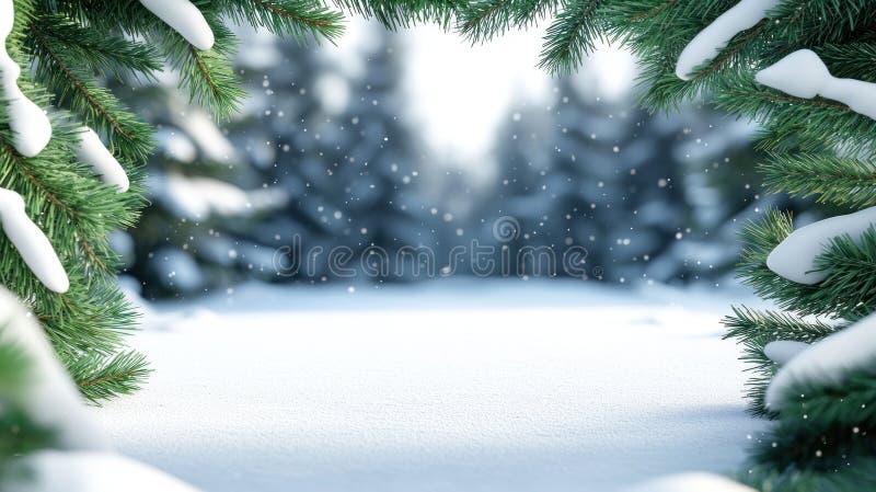 Snow Covered Pine Branches Frame Serene Winter Landscape with Falling ...