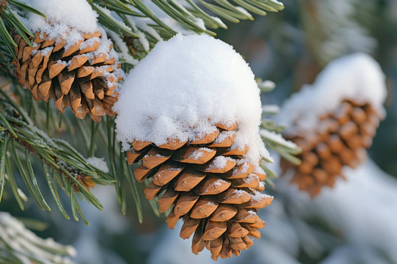 Snow Covered Pine Cones Resting on Evergreen Branches during a Winter ...