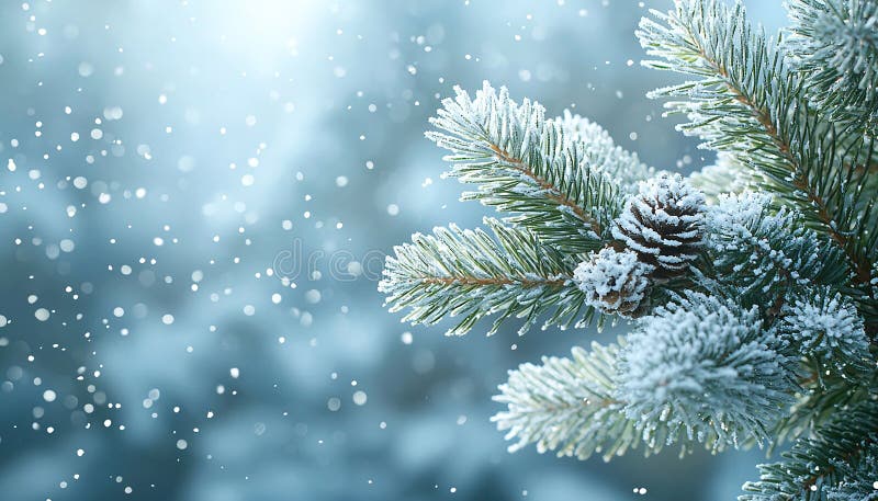 Snow Covered Pine Tree Branch with Frost and Snowflake Generated by AI ...