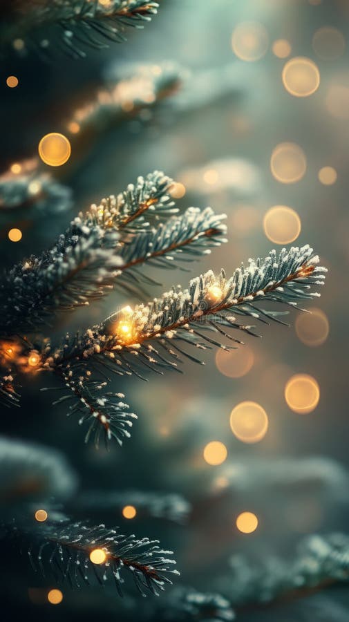 Snow Covered Pine Tree Branch Lit Up with Christmas Lights Stock Photo ...