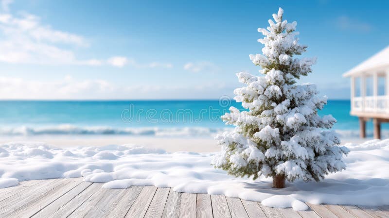 Snow-covered Pine Tree on Rustic Wooden Deck with Ocean View Under ...