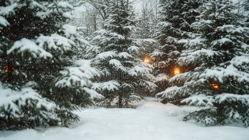 Snow-covered Pine Trees Illuminated by Warm Lights in a Winter Forest ...