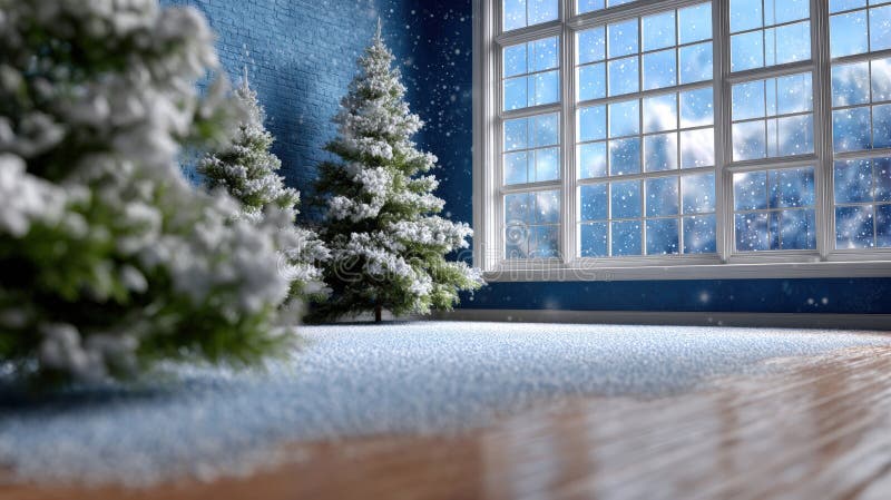 Snow-covered Pine Trees Inside a Room with Large Windows, Showcasing a ...
