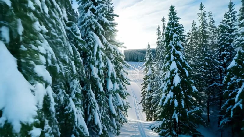 Snow Covered Pine Trees Line a Scenic Winter Path Stock Video - Video ...