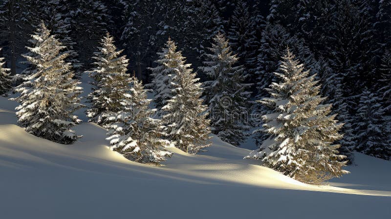 Snow-covered Pine Trees on a Snowy Hillside at Dusk Stock Image - Image ...
