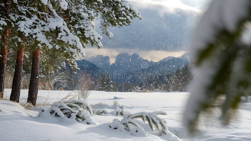 Snow-Covered Pine Trees and a Snowy Mountain Range in the Distance ...