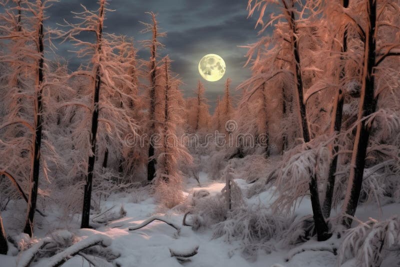 Snow-covered Pine Trees Under Full Moon Glow Stock Image - Image of ...