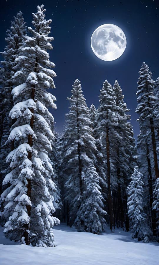 Snow-Covered Pine Trees Under the Moonlight. Generative AI Stock ...