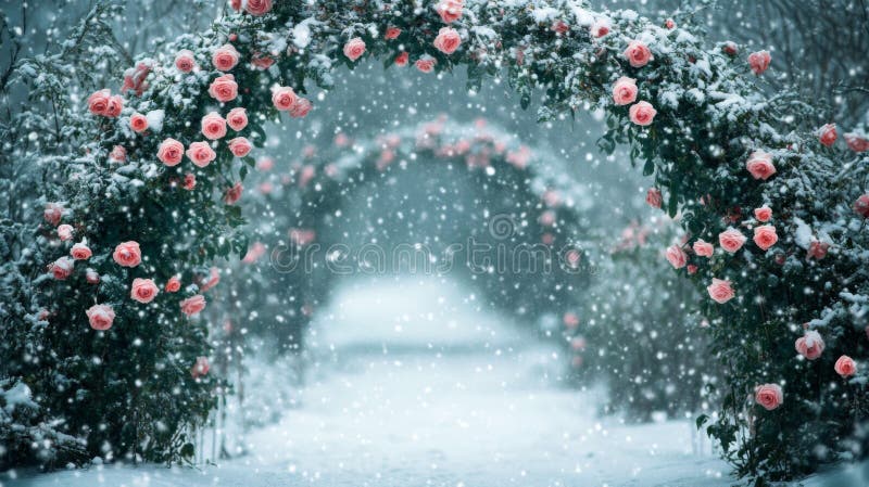 Snow Covered Pink Roses Arching Over Winter Pathway Stock Illustration ...