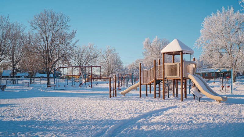 Snow-covered Playground with a Slide and Swings in a Winter Landscape ...
