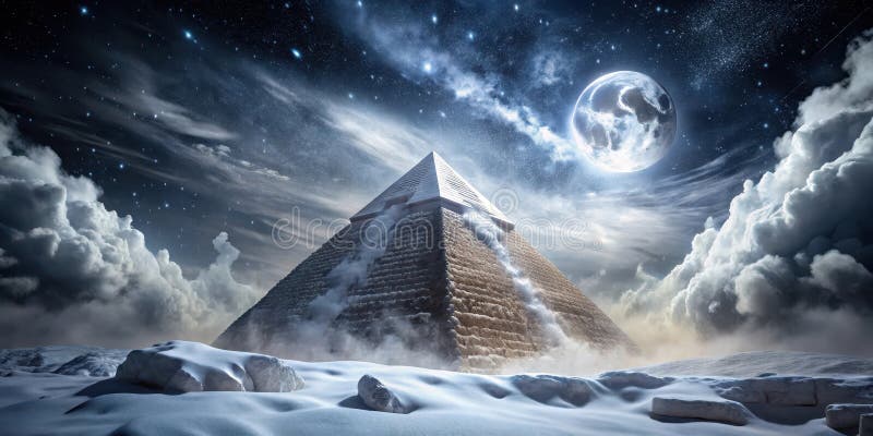 A Snow-covered Pyramid Under a Celestial Night Sky with a Large Moon ...