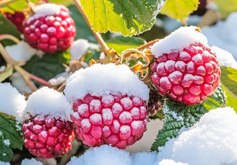 Snow Covered Raspberries on Bush Winter Scene High Quality Image Stock ...