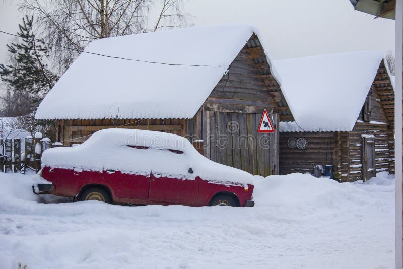 Snow Covered Red Car Winter Background. Stock Image - Image of nature ...