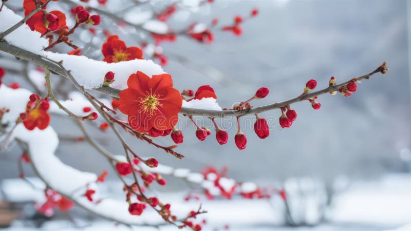 Snow-Covered Red Flowers Blossoming on Tree Branches in Winter Snow ...