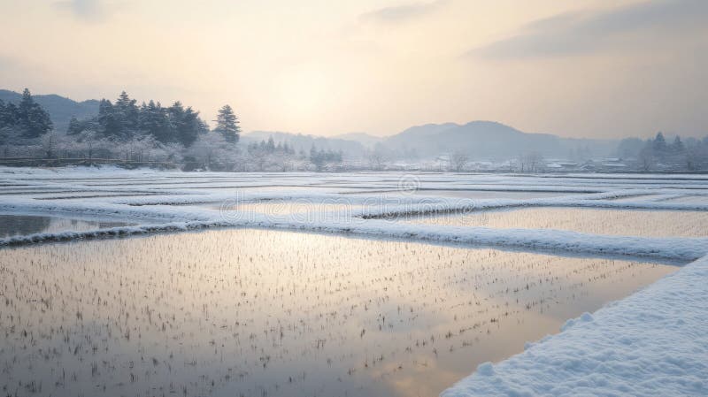 Snow-Covered Rice Paddies with Reflected Sky at Sunset Stock ...
