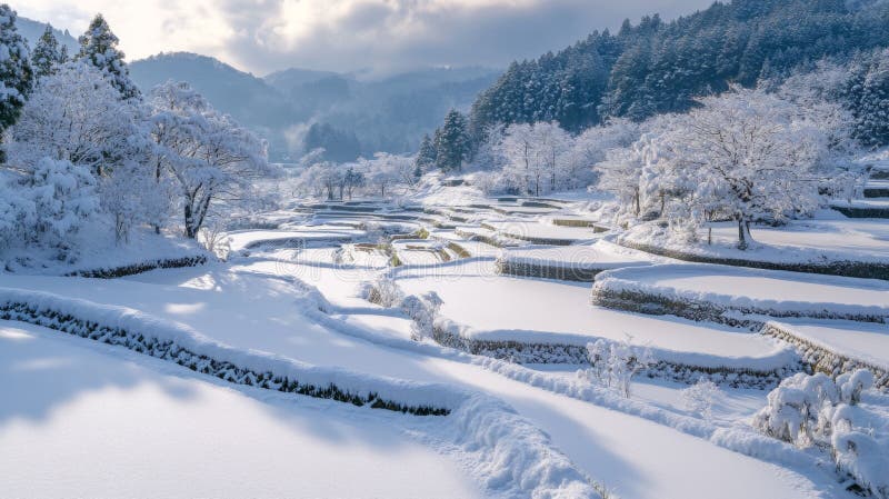 Snow-Covered Rice Terraces in a Mountainous Landscape Stock ...