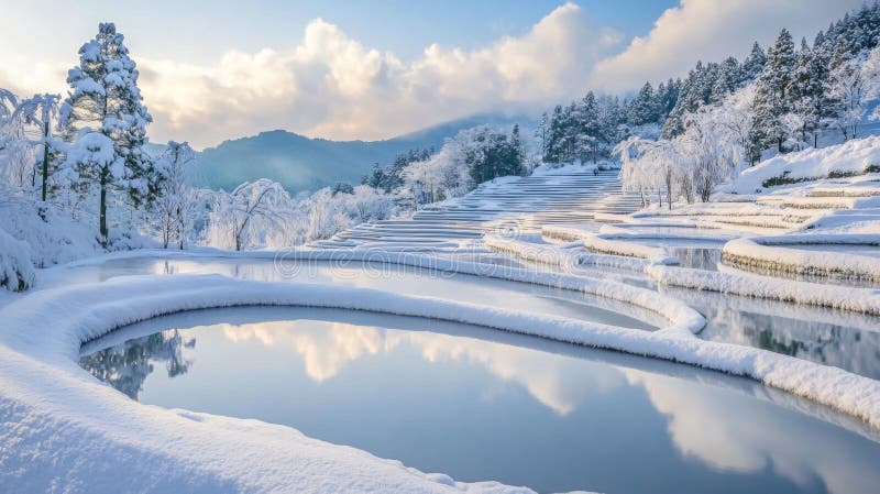 Snow-Covered Rice Terraces Reflecting Clouds and Sky Stock Illustration ...