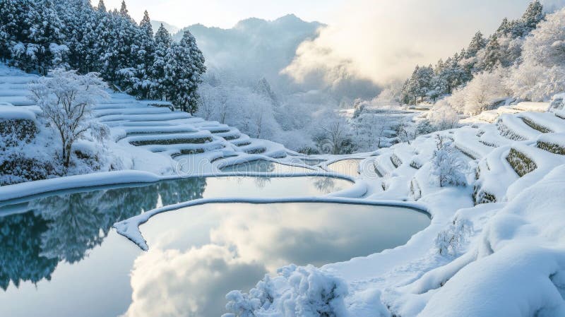 Snow-Covered Rice Terraces Reflecting a Cloudy Sky Stock Illustration ...