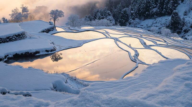 Snow-Covered Rice Terraces Reflecting a Pink Sky at Dawn Stock ...