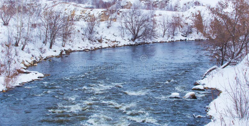Snow-covered River Bank in Winter Stock Photo - Image of silence ...