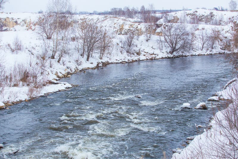 Snow-covered River Bank In Winter Stock Photo - Image of scene, plain ...