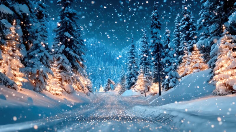 Snowy Pathway Lined String Lights Forest Stock Photos - Free & Royalty ...