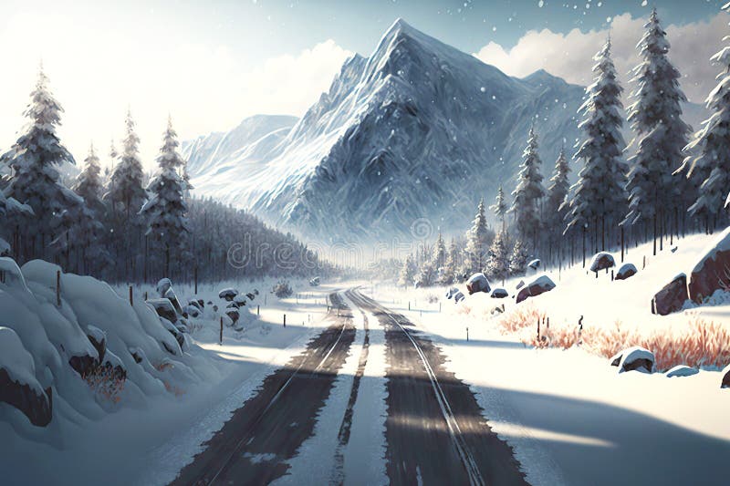 Snow-covered Road in Mountain Stock Illustration - Illustration of road ...