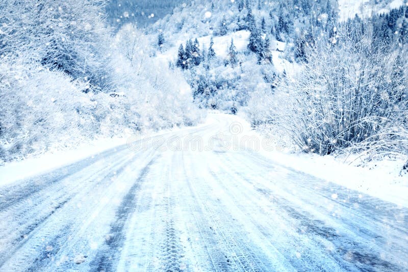 Snow Covered Road in the Mountains on Snowy Day Stock Image - Image of ...