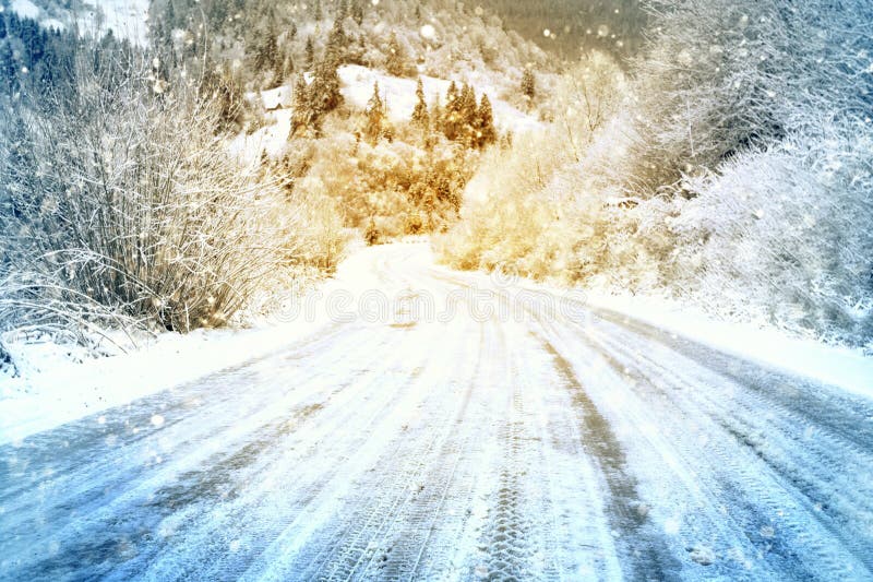 Snow Covered Road in Mountains on Snowy Day Stock Image - Image of ...