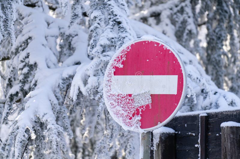 Snow Covered Road Sign in Winter Forest Stock Image - Image of cold ...