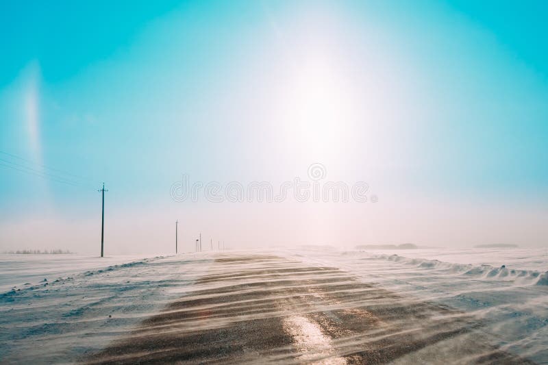 Snow-covered Road during a Snowstorm in Winter. Open Road, Stock Photo ...