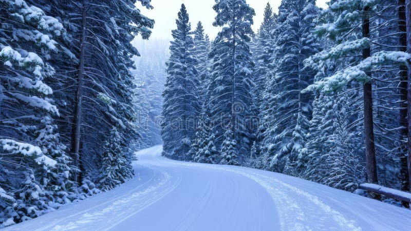 A Snow Covered Road with Trees in the Background Stock Image - Image of ...