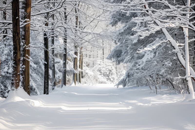 A Snow-covered Road Winds through a Dense Forest, Creating a Serene ...