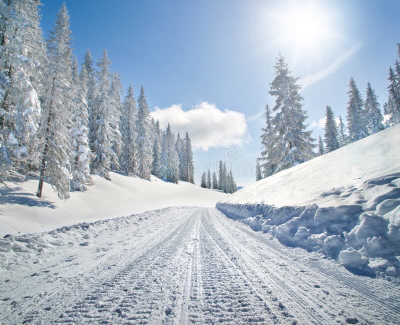 Snow Covered Road in Winter Landscape Stock Photo - Image of drive ...