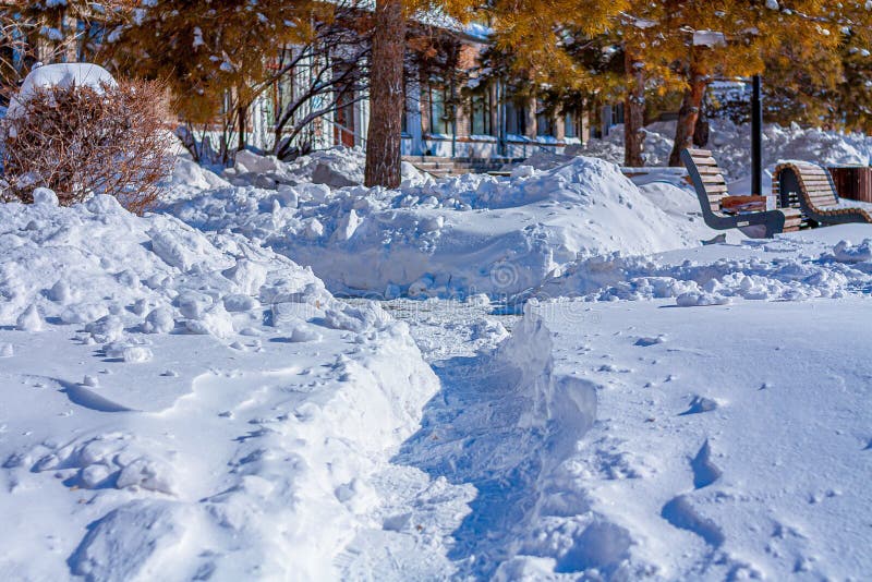 Snow-covered Roads and Sidewalks in the City Center Stock Image - Image ...